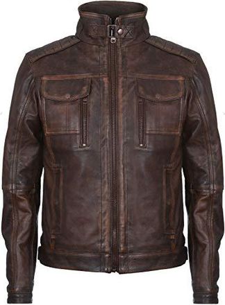 Infinity Leather Veste de Motard Rétro 100% Cuir Marron Ancien Coureur pour Hommes 5XL