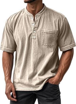 Generic Polo en coton pour homme, grande taille, col rond 1/4 bouton, avec poche poitrine, coupe confortable, couleur unie, t-shirt Henley pour l&eacute;t&eacute;, la plage