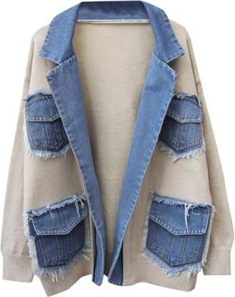 Generic 2026 Vestes pour femmes - Cardigan d&eacute;contract&eacute; en tricot ample avec patchwork en denim - Veste chandail polyvalente, blanc, Taille unique