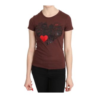 Exte Braunes Herzendruck Kurzarm-Top - - Tops - Damen - Braun - S