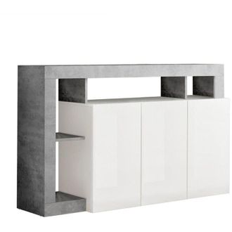 Altobuy Altobuy - arturo - Buffet 3 Portes Blanc Laqué Encadrement Niches Finition Aspect Cimento