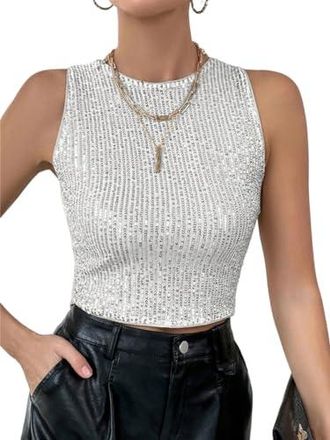 ORANDESIGNE Débardeurs à Paillettes Femme Gilet à Paillettes Brillante Sequins Débardeur Soirée Danse Club Fête Débardeur à Paillettes Col Rond Slim Fit Haut sans