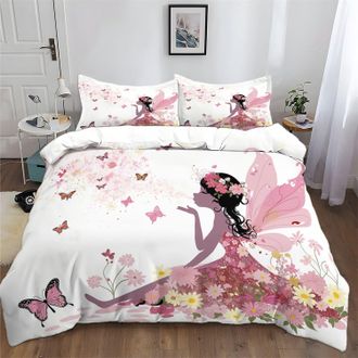 Generic Bettwäsche 135 x 200 cm Print Bettbezug 3 Teilig Set mit 2 Kissenbezug 80 x 80 cm, Fantasie Schmetterling Fee Muster Weiche Weiß Bettbezug en Mikrofas