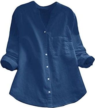 TOMWELL Femme Chemise en Coton et Lin Col en V Chemisier Bouton à Manches Longues pour Femmes Casual Oversize Blouse en Lin Lâche Tunique Chemise dété Longshi