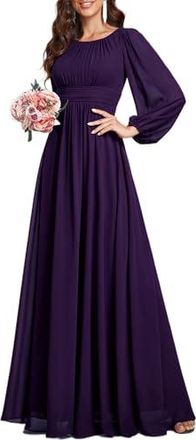 Ever-pretty Robe Demoiselle dhonneur Femme Longue Manches Longues Col Rond Mousseline Chic Violet Fonc&eacute; 48