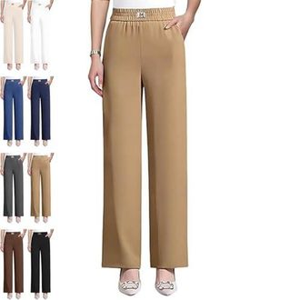 Generic Pantalon extensible taille haute drap&eacute; doux et soyeux pour femmes &acirc;g&eacute;es de plus de 50 ans, Marron clair - court, 5XL