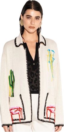 Akep Femme, Pulls, Blanc, Taille: 40 FR Cardigan avec des &eacute;cussons d&eacute;coratifs et une bordure contrast&eacute;e