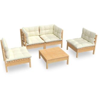 vidaXL 5-tlg. Garten-Lounge-Set mit Creme Kissen Kiefer Massivholz vidaXL