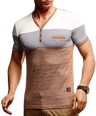 LEIF NELSON T-Shirt d&Eacute;t&eacute; Pour Homme - Col en V - Tendance en Coton - Basique D&eacute;contract&eacute; &agrave; Manches Courtes - Camel Melange, S