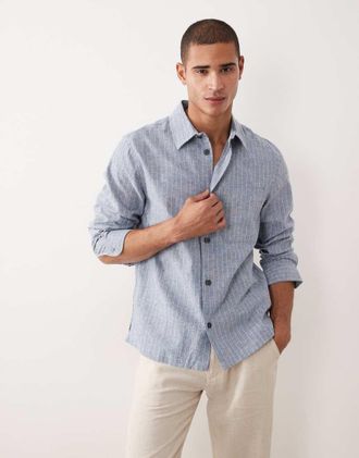 Mango Lang&auml;rmliges Hemd aus Leinenmix in Marineblau mit Streifen-Navy