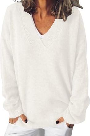 Generic Pull doux au toucher pour femme - Pull l&eacute;ger &agrave; col en V et &eacute;paules - Haut tricot&eacute; - Pull ext&eacute;rieur dautomne et dhiver &agrave; manches longues - Couleur unie