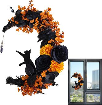 Generic Halloween Mondkranz mit schwarzer Katze, Halloween- mit Licht - beleuchteter Halloween- f&uuml;r die Party zu Hause innen au&szlig;en T&uuml;rdekorationen von Ha