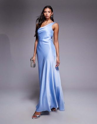 Jarlo Gwen - Maxikleid aus Satin in Blau mit One-Shoulder-Tr&auml;ger und weitem Rock