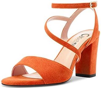 Castamere Femmes Bloc Chunky Haut High Talon Heel Ouvert Bout Lanières Cheville Sandales Dress Mariage 8 CM Heels Orange Suède 38 EU