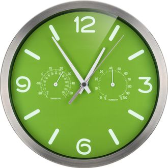 Bresser Funkuhr Wanduhr MyTime ND Thermo-Hygro mit geräuschlosem Funkuhrwerk, Edelstahlrahmen und Anzeige für Temperatur und Luftfeuchtigkeit, grün, 250x250mm