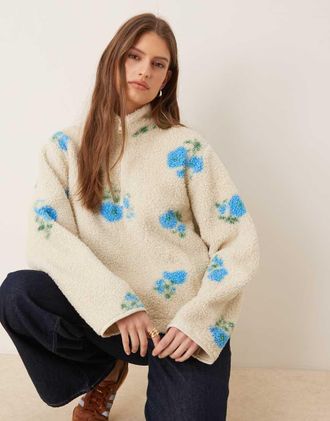 Jack & Jones Teddyfell-Jacke in Beige mit Blumenmuster und kurzem Rei&szlig;verschluss-Neutral