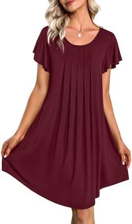 Ekouaer Vêtements de Nuit Femme Robe Chemise Manches Courte Chemise de Nuit Col Rond Elégant Légers, Vin Rouge, XL