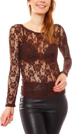Easy Young Fashion T-shirt &agrave; manches longues pour femme avec dentelle - Chemisier en maille transparente - Col rond - Coupe skinny 1095 (XS-M), marron fonc&eacute;, 36-40