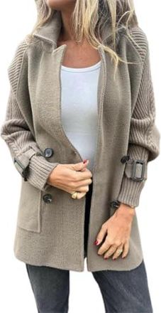 Generic Manteau mi-long croisé à revers pour femme, trench-coat dhiver en laine à double boutonnage (Gray,M)