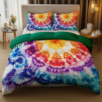 Generic Bettw&auml;sche 200 x 200 cm Batik Spiralmuster Set 3 Teilig Mikrofaser Bettbezug Atmungsaktiv Langlebig Gr&uuml;n Bettw&auml;sche Mit Rei&szlig;verschluss Und 2 Kissenbez