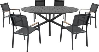 Vente-Unique Salle &agrave; manger de jardin en aluminium : une table ronde extensible L.150/200 cm et 6 fauteuils empilables - Anthracite - YOHA de MYLIA