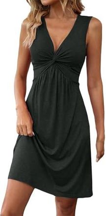 Generico Robe Femme Élégante Couleur Unie Décontracté Col en V Midi Robes Élégant Confortable Longue Tunic Robes de Soleil Vacances Élastique Doux Robe de Plag