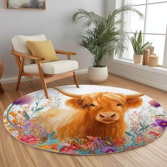 Generic 120 cm Jaune Tapis Rond Salon, Fleurs Animaux Veaux Imprim&eacute; Tapis de Sol Antid&eacute;rapant, Dessin Anim&eacute; pour Chambre Cuisine Balcon Terrasse Salle &agrave; Mange