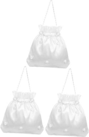 Hemobllo Lot de 3 Paquet &agrave; Main de Mari&eacute;e en Satin Blanc, Petite Pochette &agrave; Cordon Fleurie, Paquet &agrave; Pr&eacute;sents de Mariage &Eacute;l&eacute;gant pour C&eacute;r&eacute;monie et Demoiselles 