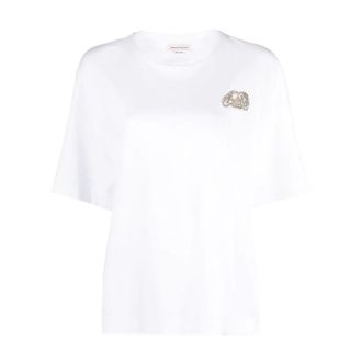 Alexander McQueen AMQ Seal Logo Kristallbesticktes T-Shirt - - Tops - Damen - Wei&szlig; - XS