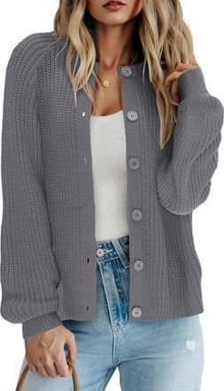 Zeagoo Cardigan Femme Court Tricot Col Rond Ouvert avec Boutons Pull Élégant Décontracté Gilet en Maille pour Femme Gris foncé S