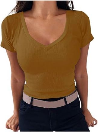 Generic T-Shirt Femme Manches Courtes Col en V Boutonn&eacute; Haut &Eacute;t&eacute; C&ocirc;tel&eacute; Chic et &Eacute;l&eacute;gant Pull Extensible Slim Fit Sexy Tee Tops L&eacute;ger D&eacute;contract&eacute;