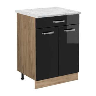 Vicco Meuble cuisine R-Line, Noir Haute brillance, 60cm pt Marbre