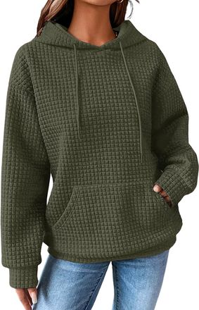 Dokotoo Kapuzenpullover Damen Hoodie Waffel Pullover mit Taschen Kordelzug Sweatshirt Einfarbig Langarmshirt L&auml;ssig Oberteile Gr&uuml;n 2XL