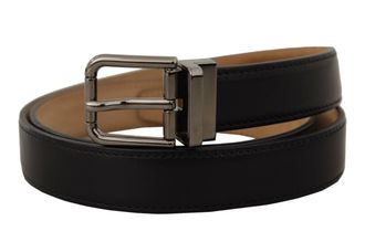 Dolce & Gabbana Mens Black Calf Leather Logo Engraved Metal Buckle Belt