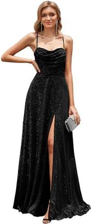 Ever-pretty Robe Bal de Promo Longue Femme Fendu Bretelles Réglables au Dos sans Manches Noir 38