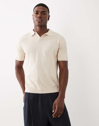Selected Polo en lin m&eacute;lang&eacute; &agrave; col fendu - Cr&egrave;me-Gris