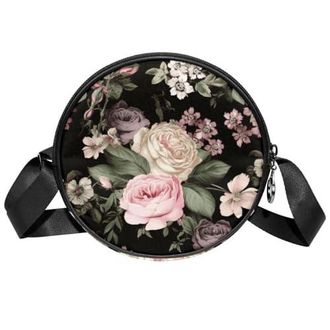 Generic Sac &agrave; bandouli&egrave;re rond pour femme, sac &agrave; bandouli&egrave;re classique vintage &agrave; motif floral avec fermeture &eacute;clair, bretelles r&eacute;glables, sac &agrave; main rond d&eacute;co