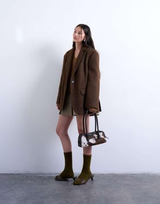 Topshop Manteau long style blazer en laine m&eacute;lang&eacute;e bross&eacute;e avec fermeture &agrave; bouton unique - Chocolat-Brown