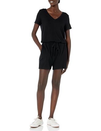 Amazon Essentials Damen Kurzärmeliger Playsuit mit V-Ausschnitt aus Superweichem Terry-Frottee (Früher Daily Ritual), Schwarz, XL
