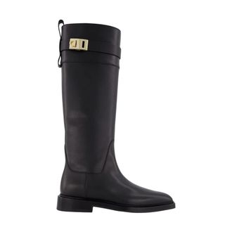Ferragamo Schwarze Leder-Wadenstiefel mit Schnalle - - Shoes - Damen - Schwarzk - 40 EU