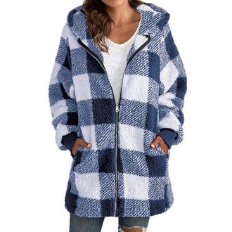 Generic Manteau &agrave; capuche surdimensionn&eacute; &agrave; carreaux pour femme, manteau d&eacute;contract&eacute; en polaire pelucheuse avec fermeture &eacute;clair pour lautomne et lhiver avec p