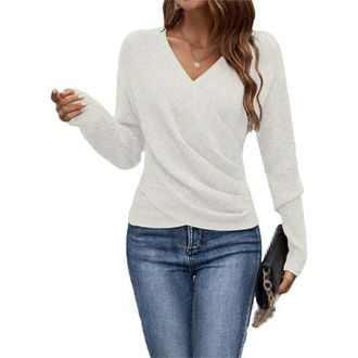 Generic Pull &eacute;l&eacute;gant en tricot &agrave; col en V et crois&eacute; pour femme - Haut fronc&eacute; - Pour lautomne et lhiver., Blanc., XXL