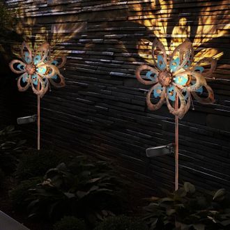 Globo Lighting Gartendeko led Solarlampe Windrad Terrassenlampe Au&szlig;enlampe Erdspie&szlig;, Metall gold blau, Bruchglas, LxH 22,5 x 92 cm, 2er Set