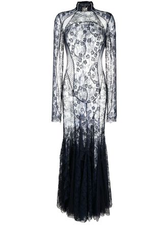 Off-white robe pliss&eacute;e &agrave; dentelle fleurie - Bleu