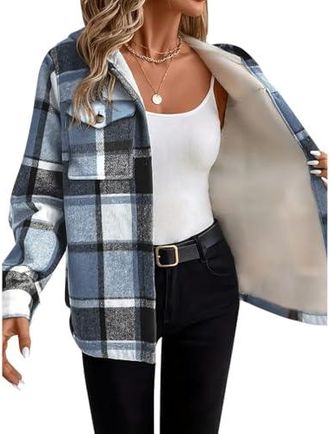 Minetom Veste a Carreaux Femme Chaud Doublure Polaire Sweat &agrave; Capuche Manches Longues Hoodie avec Boutons Automne Hiver Manteau B Bleu M