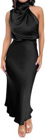 Generic Robe élégante en satin à col montant pour femme - Robe formelle sans manches - Robe dinvitée de mariage - Taille haute - Robe de cocktail, Noir, M