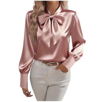 Generic Chemisier en soie pour femme - Haut à manches longues - Col avec noeud papillon - Chemisier à manches longues - Couleur unie - Élégant chemisier en sa