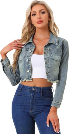 Allegra K Damen Langarm Denim Jacken Button Up Washed Umlegekragen Cropped Jeansjacke Grau Blau XL