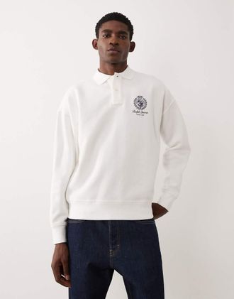 Polo Ralph Lauren Sweat &agrave; manches longues avec col et logo embl&eacute;matique - Blanc