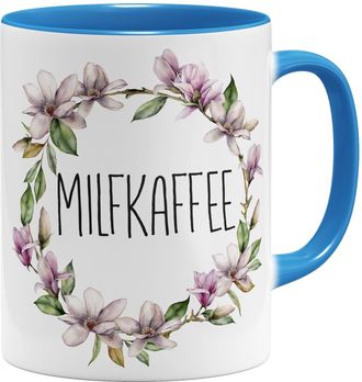 OM3 witzige Milfkaffee Milf Kaffee-Tasse mit Spruch - blumig Bl&uuml;mchen - Keramik Becher - 325ml - Beidseitig Bedruckt - Hellblau
